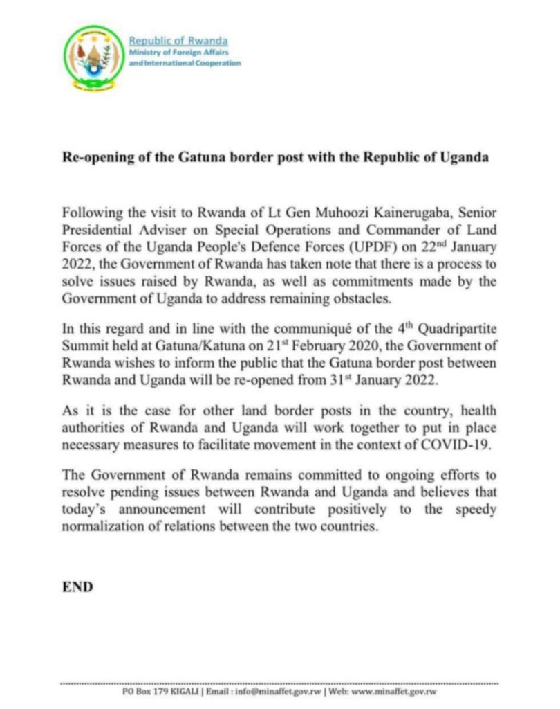 Rwanda announces re-opening of Gatuna border with Uganda - 256 Business ...